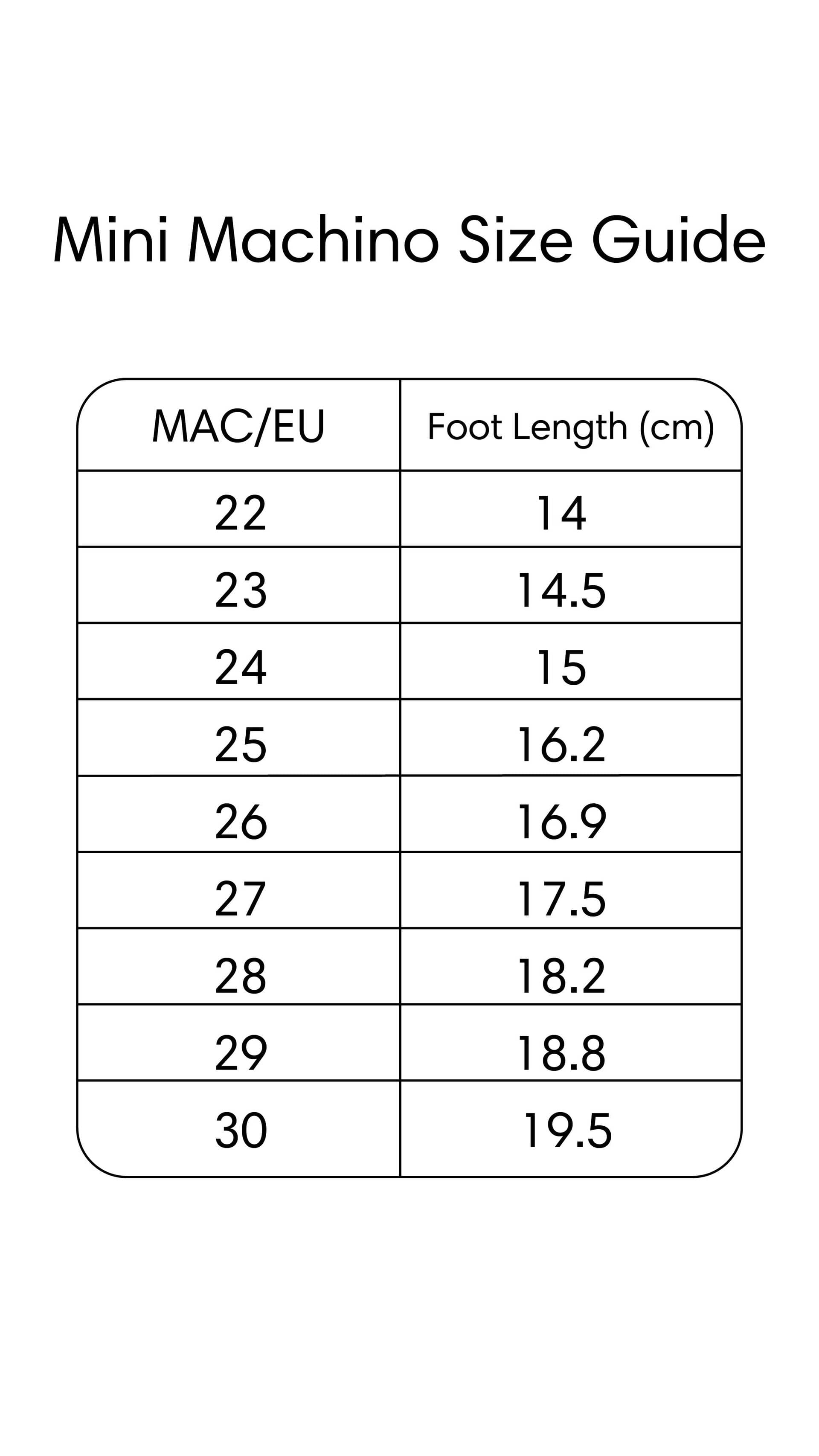 Mini Machino Shoe Size Guide